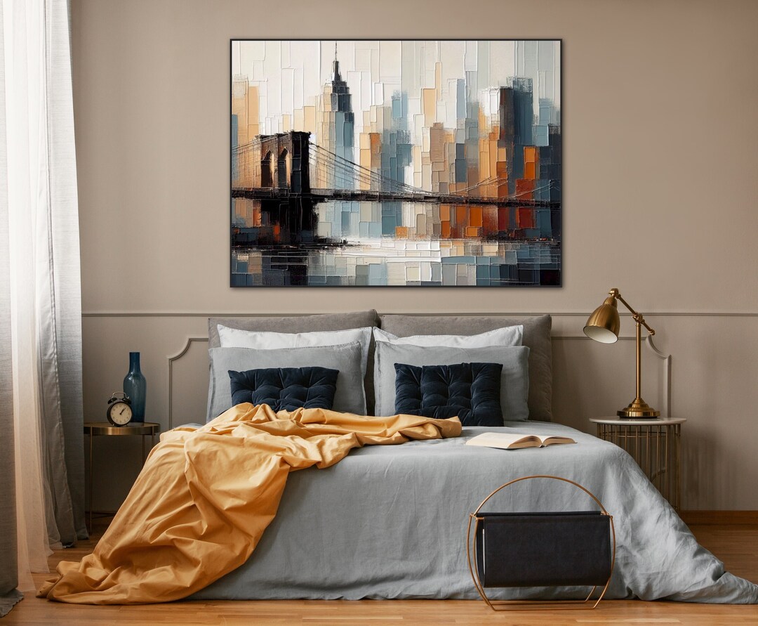 Abstract New York City Bridge Landscape, Building River Oil Painting ...
