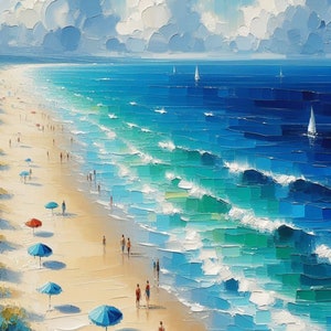 Ocean Bird's Eye View Acrylic Painting, Bright Ocean Beach Artwork ...