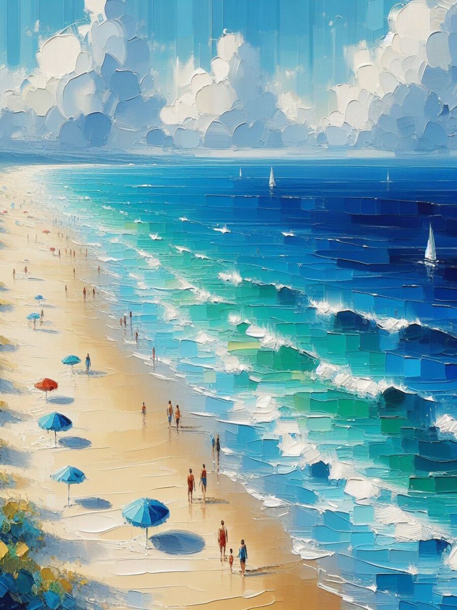 Ocean Bird's Eye View Acrylic Painting, Bright Ocean Beach Artwork ...