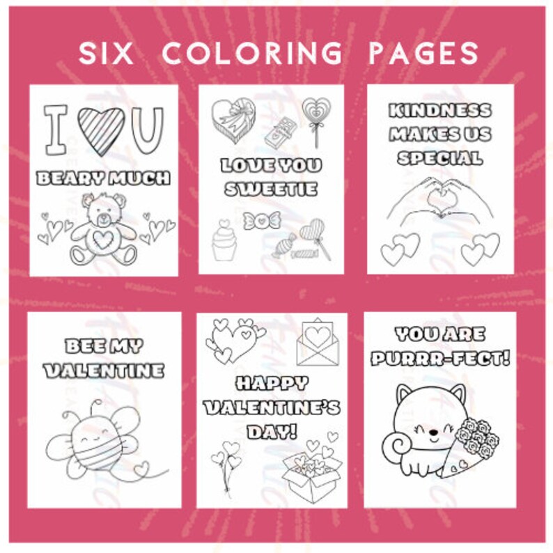 Bundle of SIX Valentines Day Coloring Pages for Kids Bundle Coloring ...