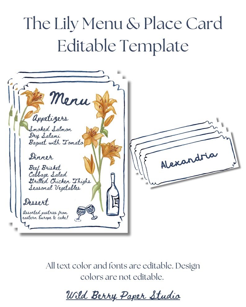 Lily Menu & Place Card: Editable Menu, Place Card - Etsy