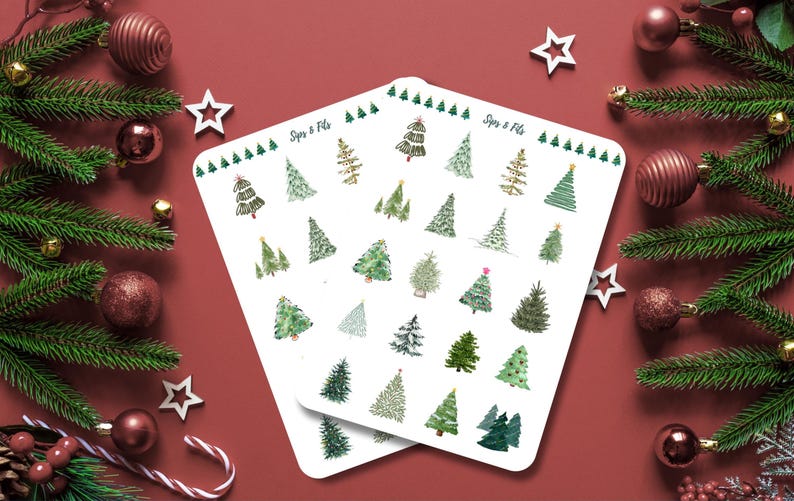 Festive Christmas Tree Vinyl Sticker Sheet | Winter Holiday Christmas ...