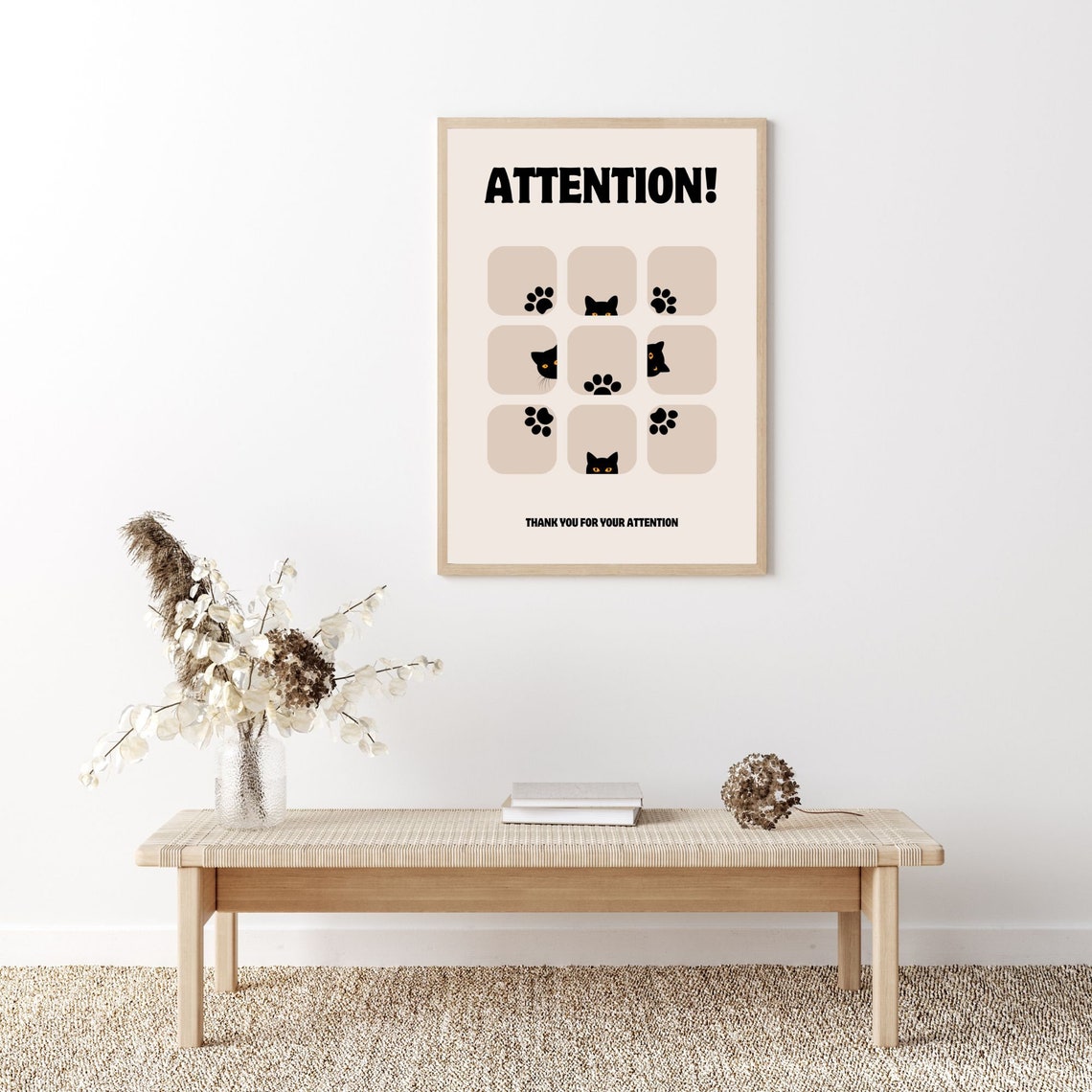 Attention! Thank You for Your Attention Funny Black Cat Wall Art Beige ...