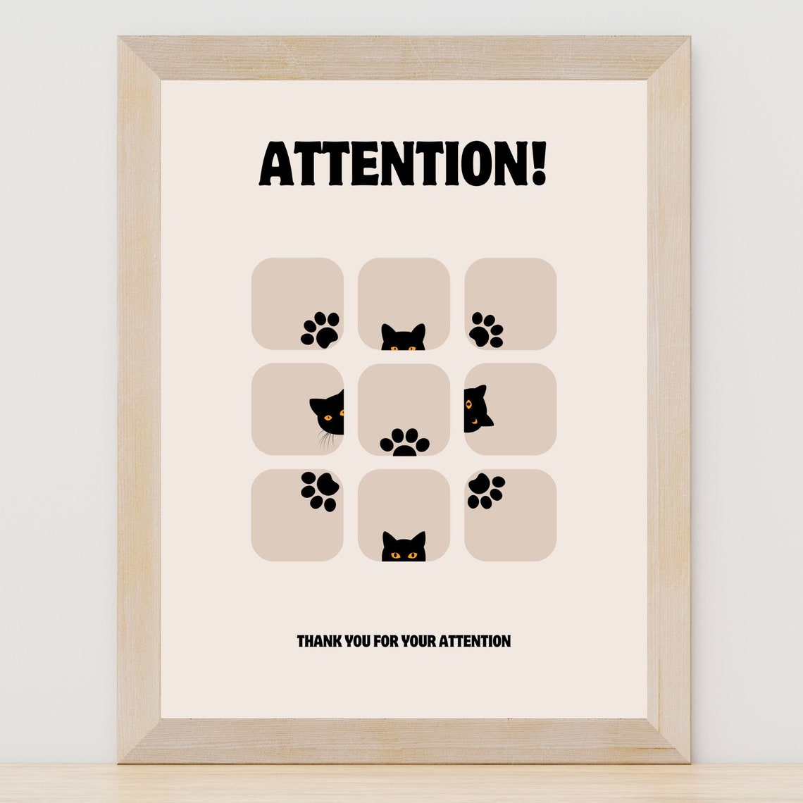 Attention! Thank You for Your Attention Funny Black Cat Wall Art Beige ...
