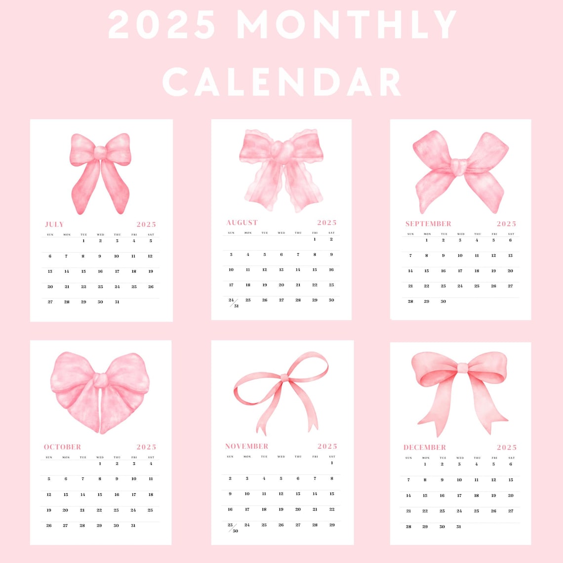 2025 Pink Bow Monthly Calendar L Coquette Room Decor L Bow Room Decor L ...