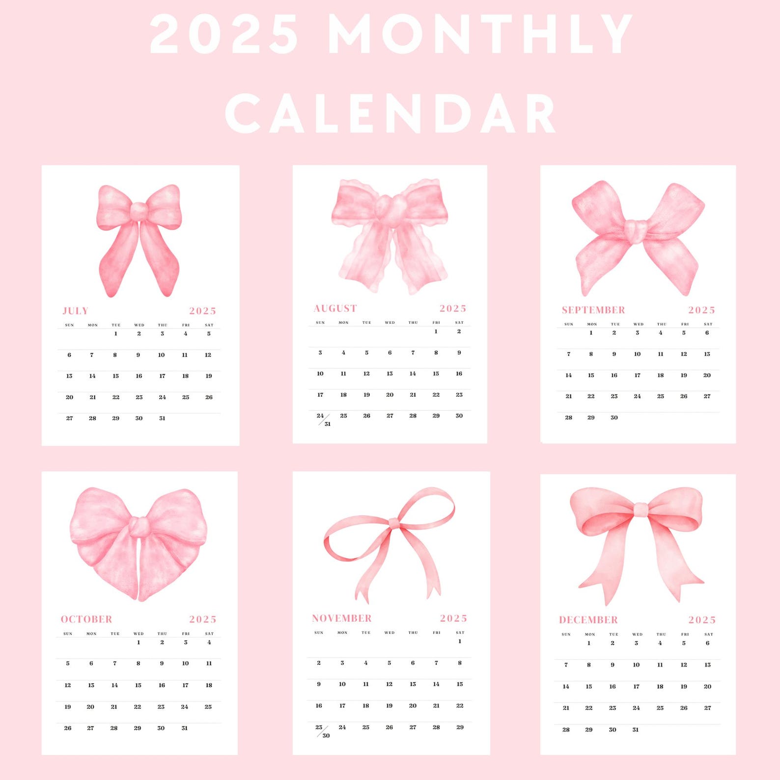 2025 Pink Bow Monthly Calendar L Coquette Room Decor L Bow Room Decor L ...