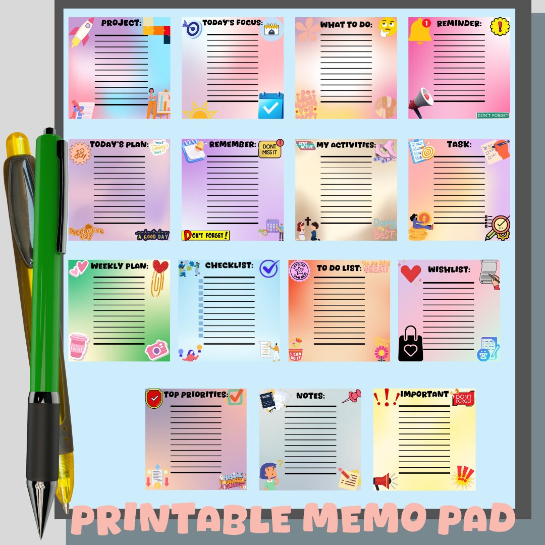 Cute Digital Notepad Printable Memo Sheets Instant Download Stationery ...