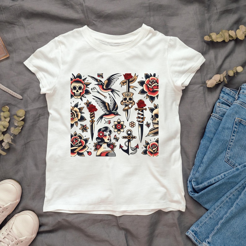 Vintage Tattoo Flash PNG Red & Black Retro Skull, Rose and Dagger ...