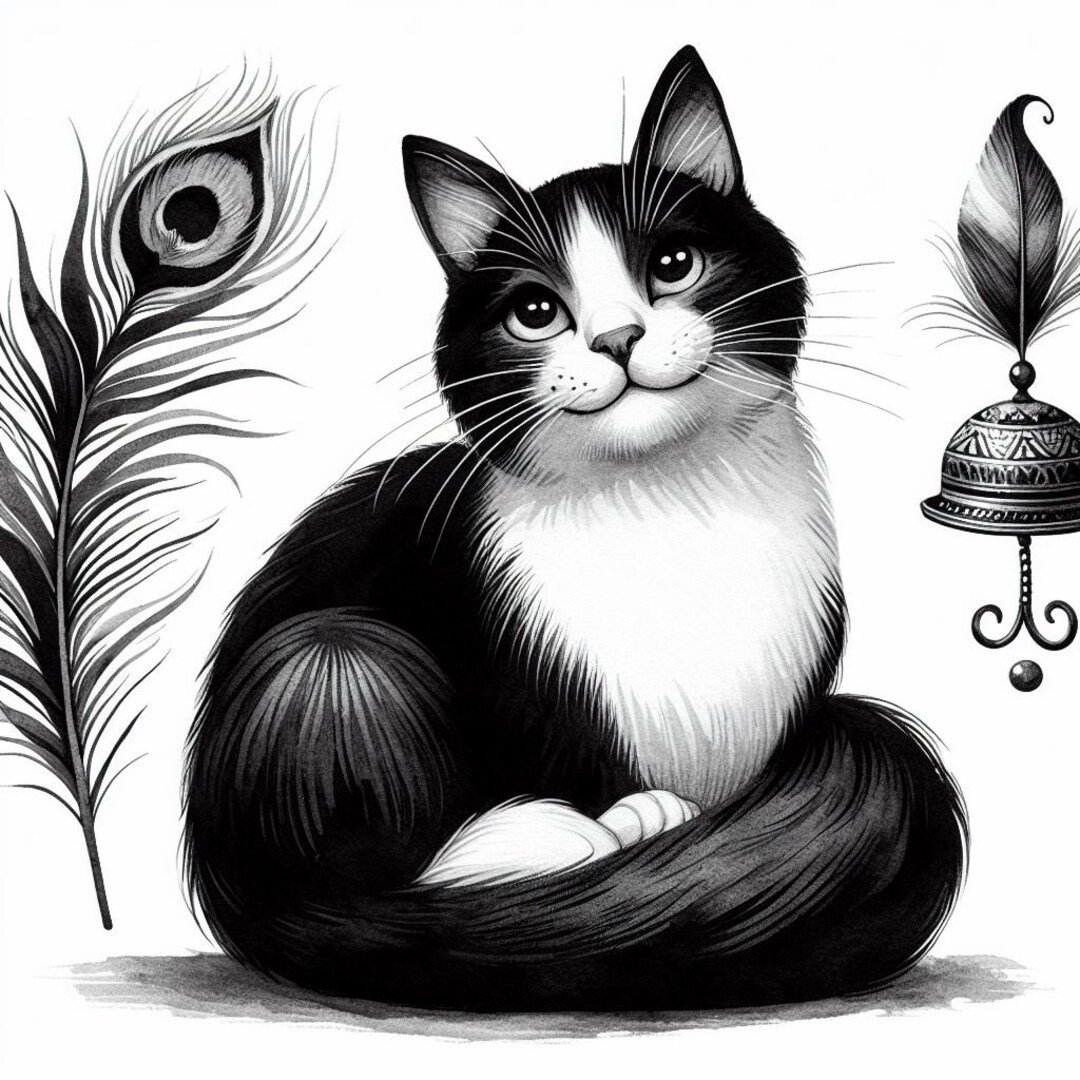 Watercolor Black and White Cats Clipart Cute Floral Cats and Kittens ...