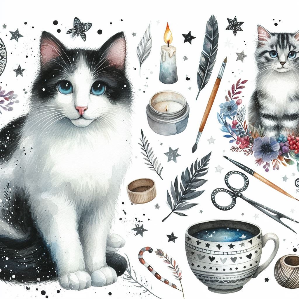 Watercolor Black and White Cats Clipart Cute Floral Cats and Kittens ...