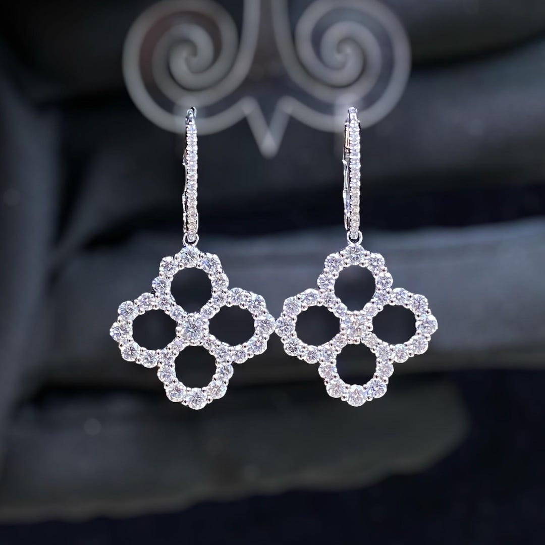 Four Leaf Clover Drop Earrings, Diamond Loop Earrings, Elegant Lab ...