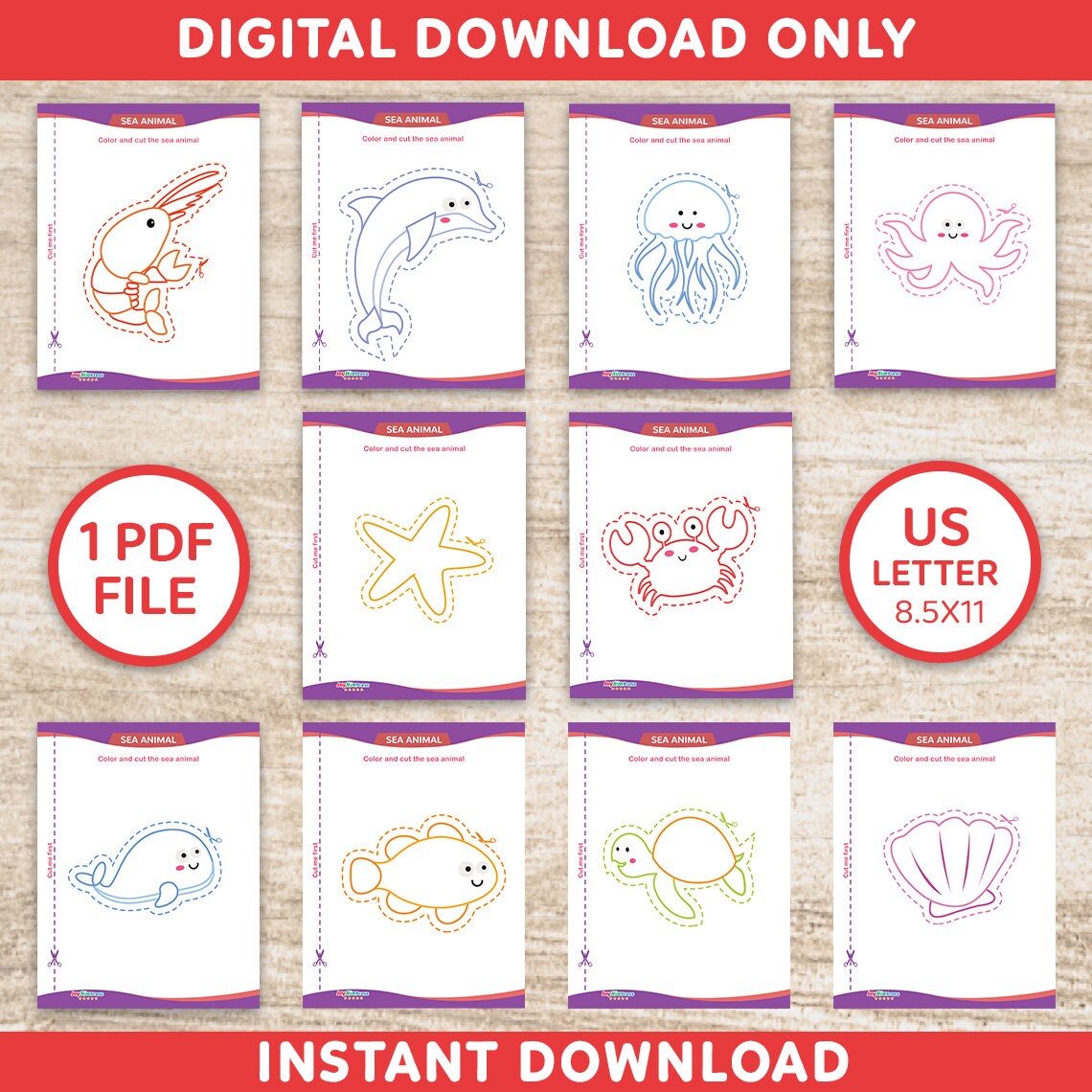 Sea Life Cutting Activity, Scissor Skills Practice Worksheet, Ocean ...