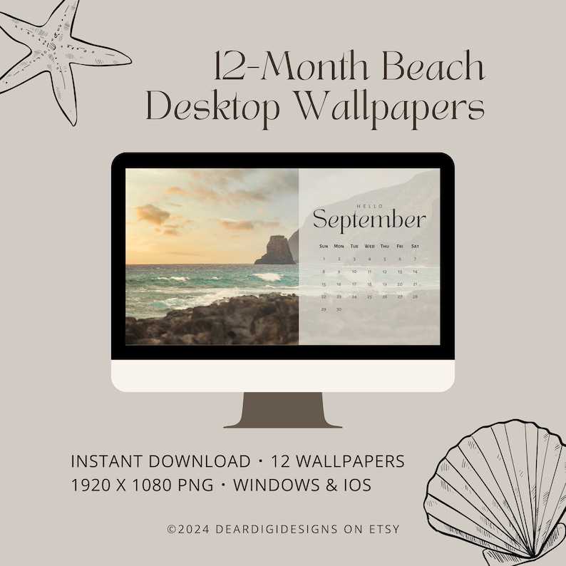 12-month Beach Desktop Wallpaper With Calendar, Beautiful Nature ...