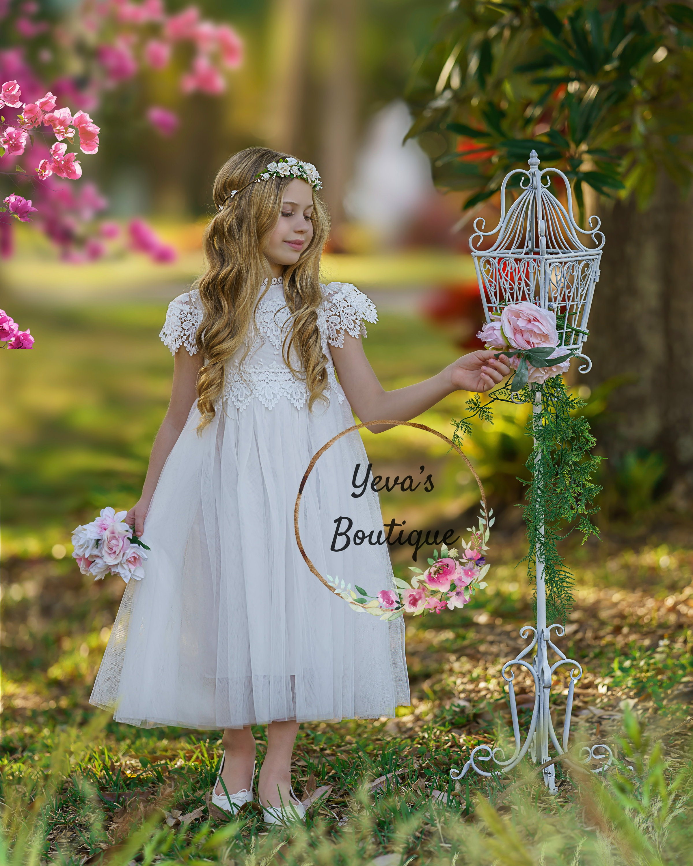 White Bohemian Lace Flower Girl Dress, Christening Dress, Lace Boho ...