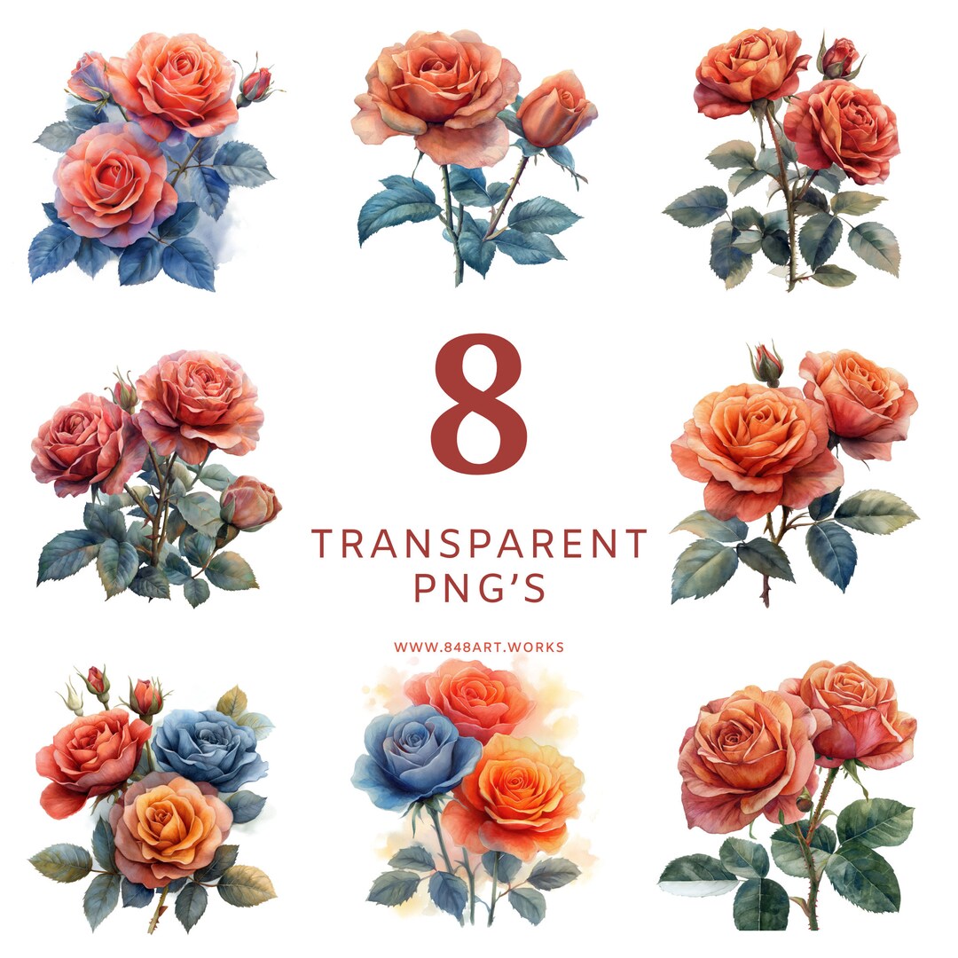 8 Watercolor Red Roses Clipart, Roses Bouquet, Transparent Pngs, High ...