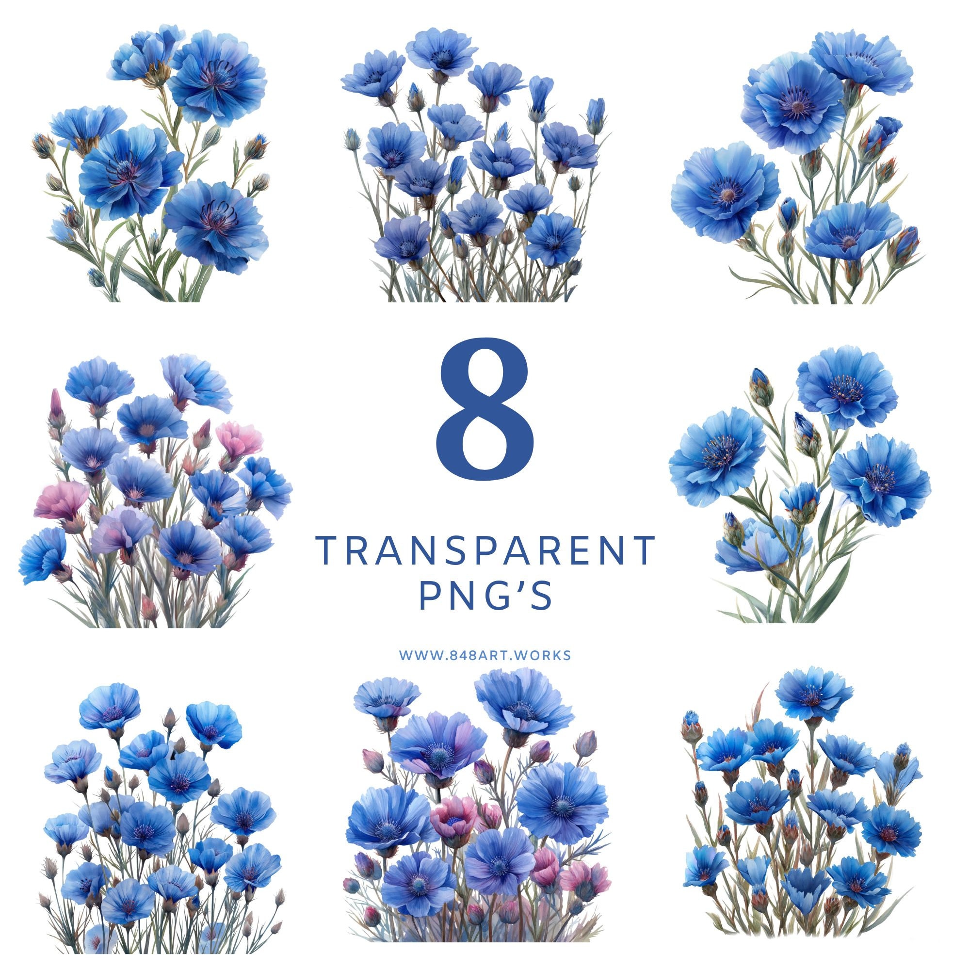 Watercolor Cornflowers Clipart, Wild Flowers, 8 High Quality PNG With ...