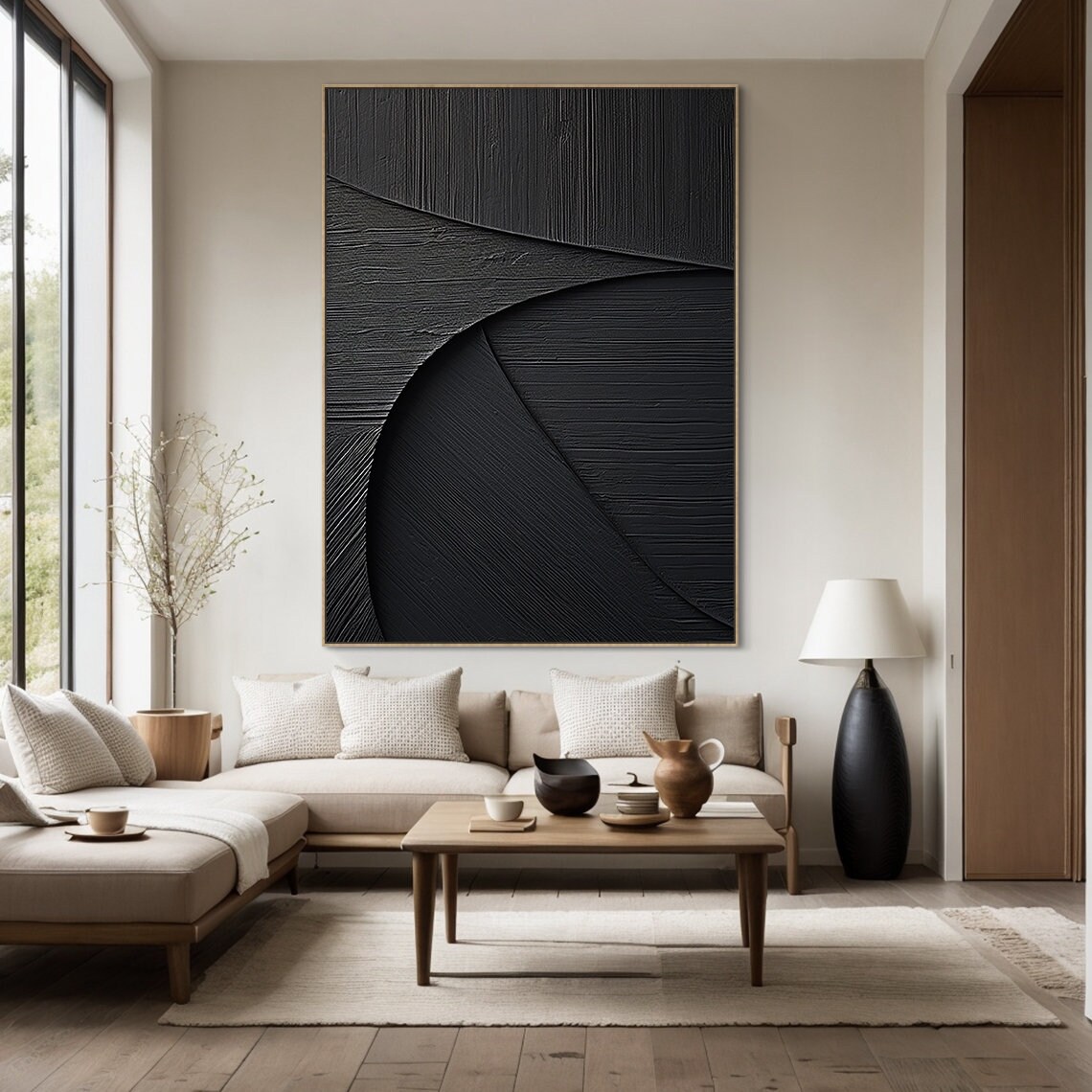 Minimalist Pure Black Wall Art, 3D Plaster Painting, Modern Abstract ...