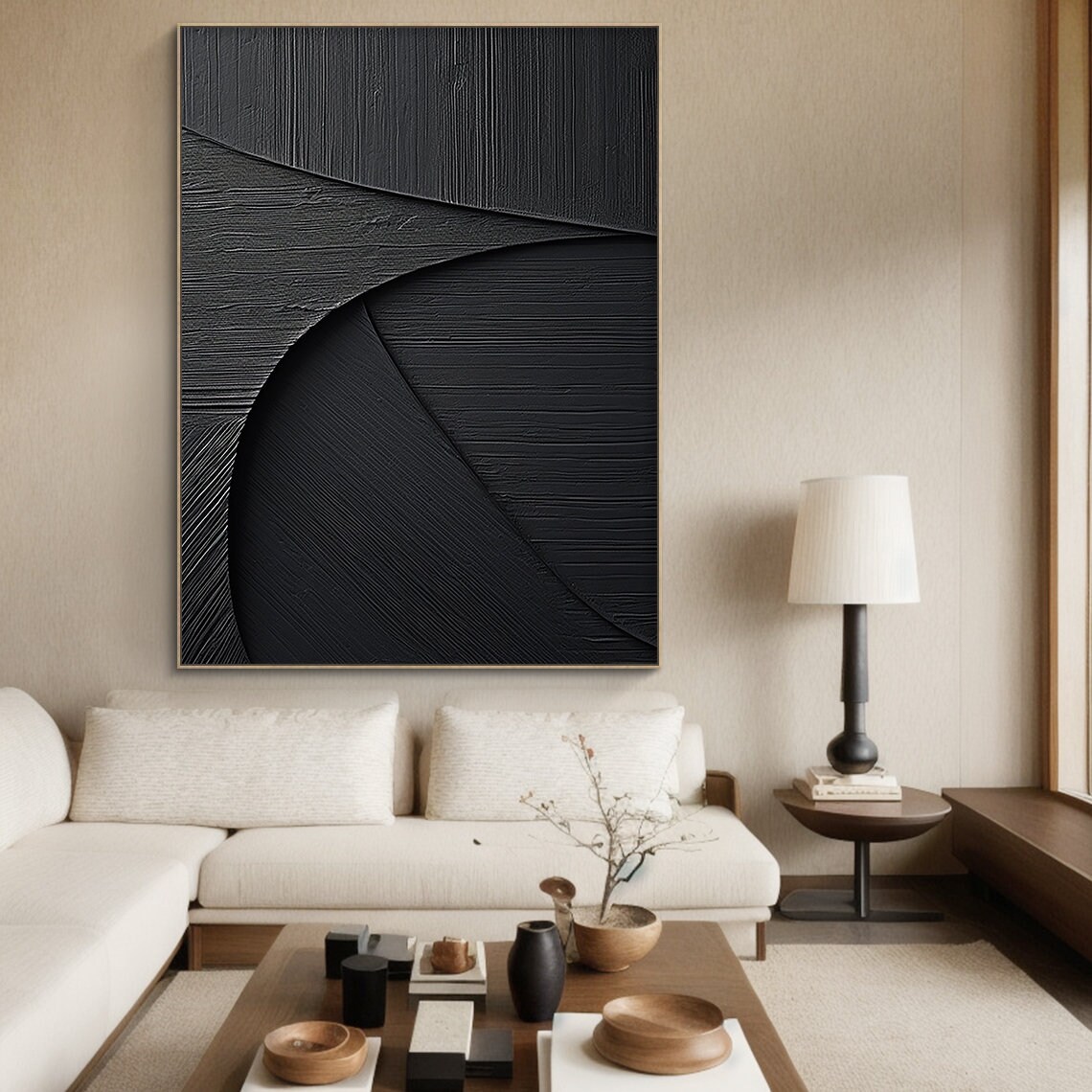 Minimalist Pure Black Wall Art, 3D Plaster Painting, Modern Abstract ...