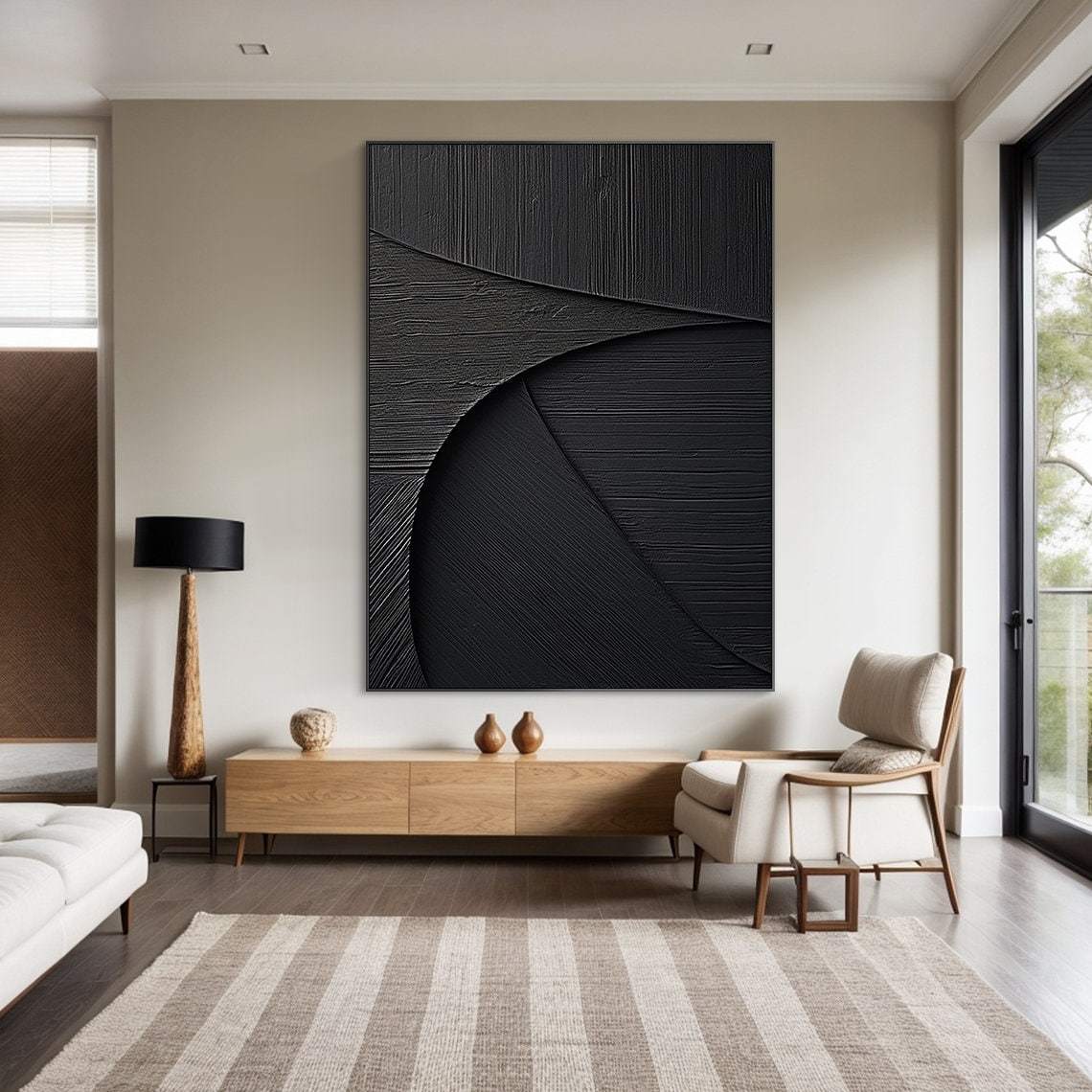 Minimalist Pure Black Wall Art, 3D Plaster Painting, Modern Abstract ...