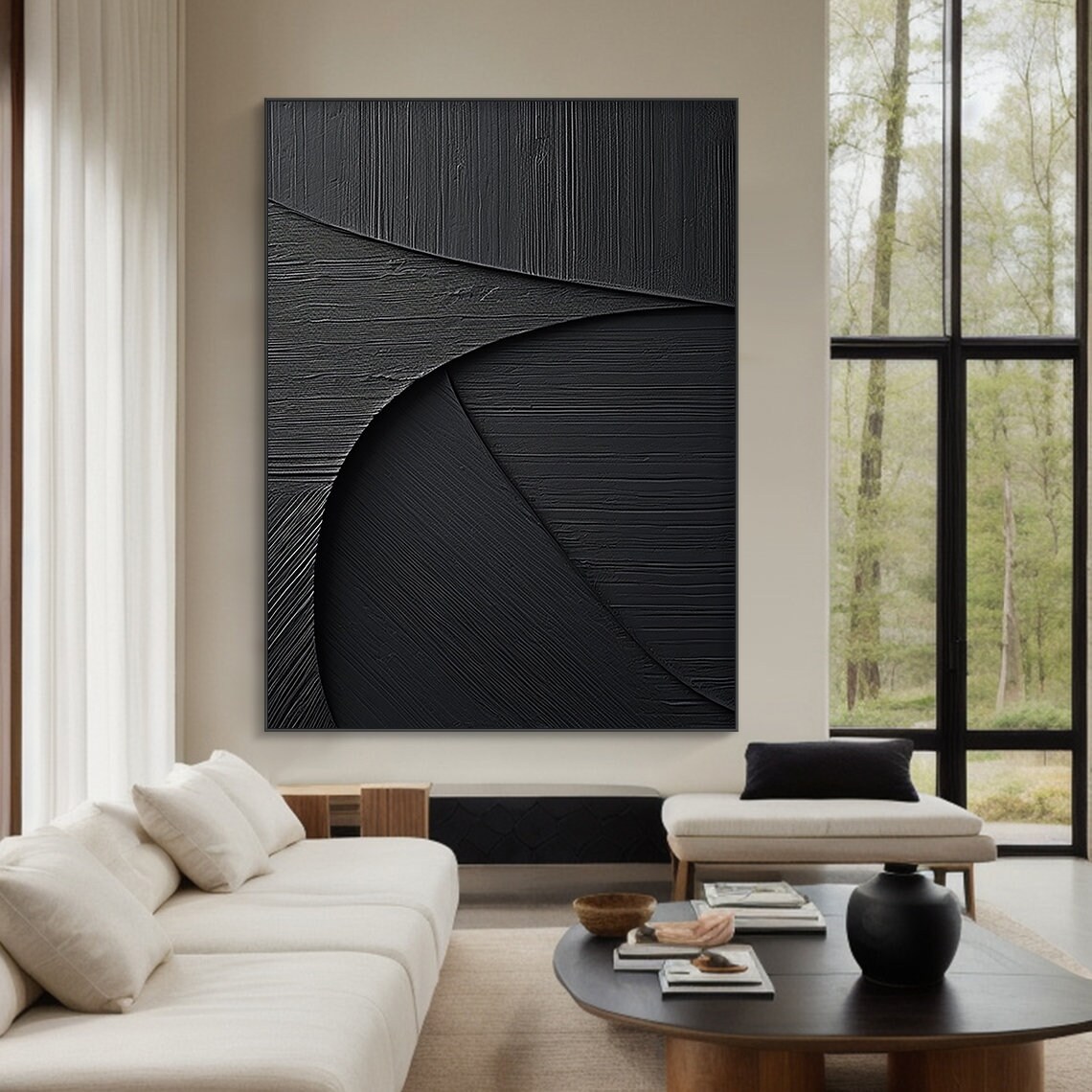Minimalist Pure Black Wall Art, 3D Plaster Painting, Modern Abstract ...
