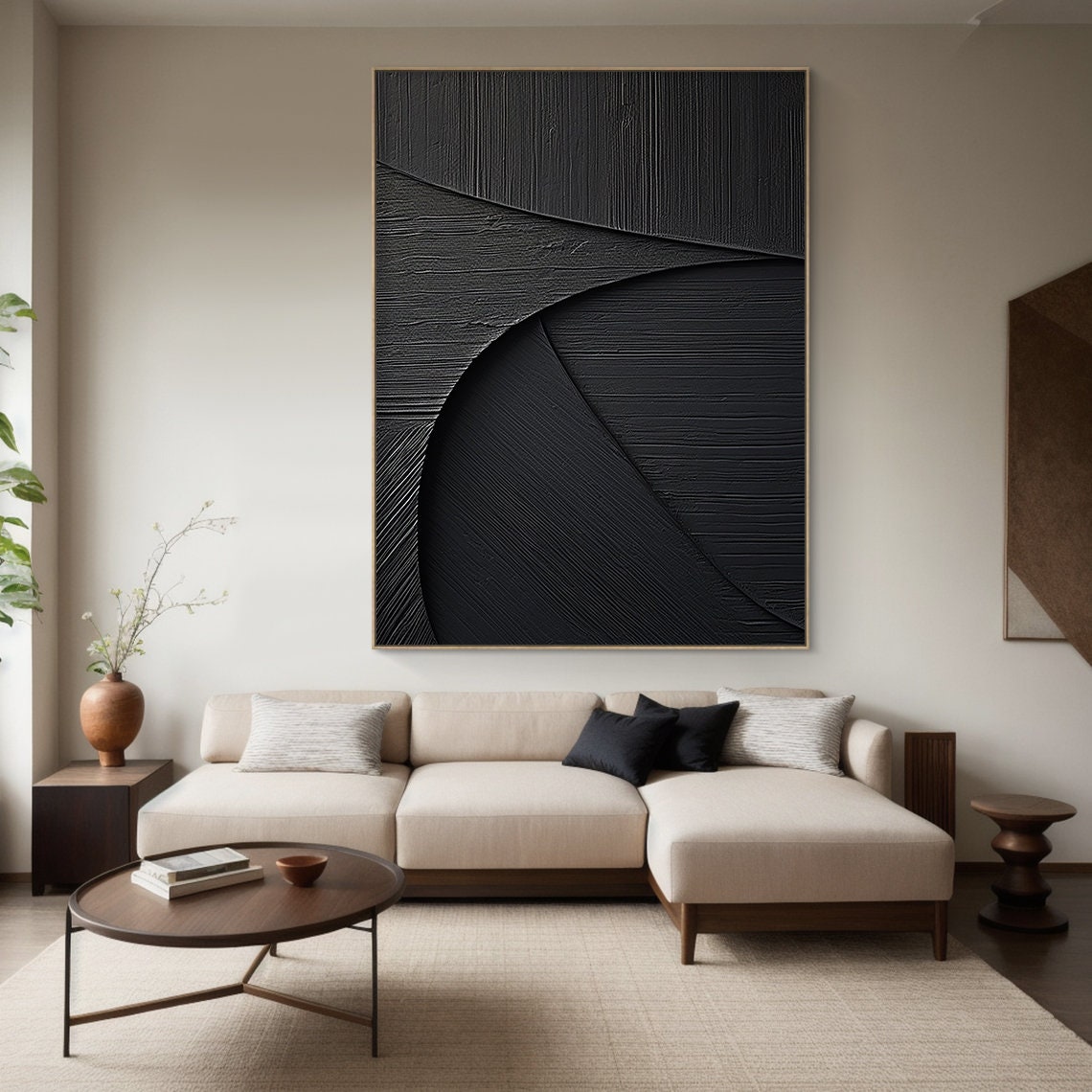 Minimalist Pure Black Wall Art, 3D Plaster Painting, Modern Abstract ...