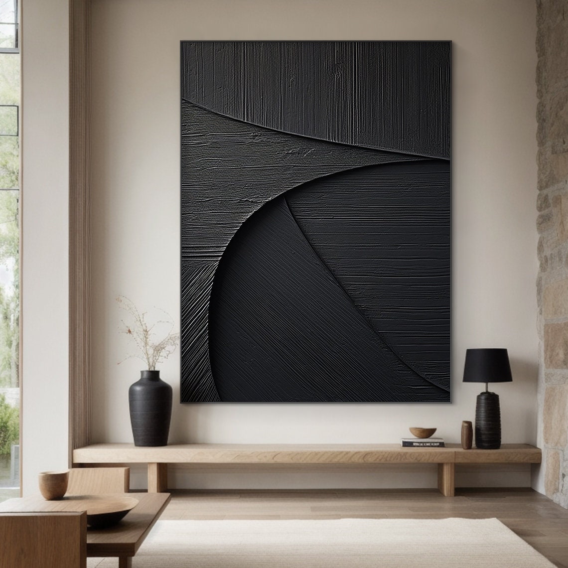 Minimalist Pure Black Wall Art, 3D Plaster Painting, Modern Abstract ...