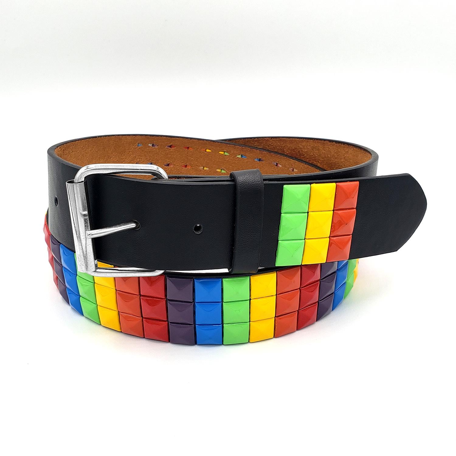 Rainbow Colors Checkered 3-rows Pyramid Studded Belt Punk - Etsy