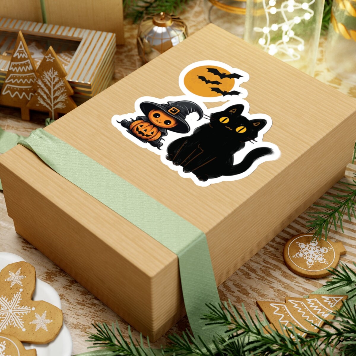 Halloween Black Cat Pumpkin Witch & Bat Moon, Fun and Spooky Cute Vinyl ...