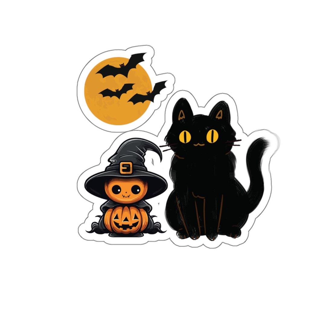 Halloween Black Cat Pumpkin Witch & Bat Moon, Fun and Spooky Cute Vinyl ...