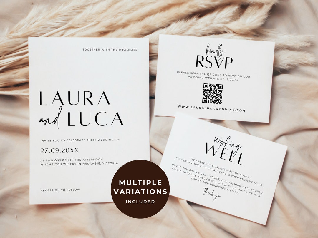 Printable Wedding Invitation With QR Code, Minimalist Wedding Invite ...