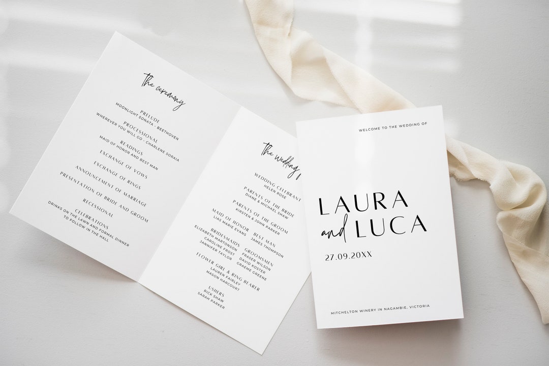 Church Program Wedding, Folded Minimalist Wedding Program Template ...