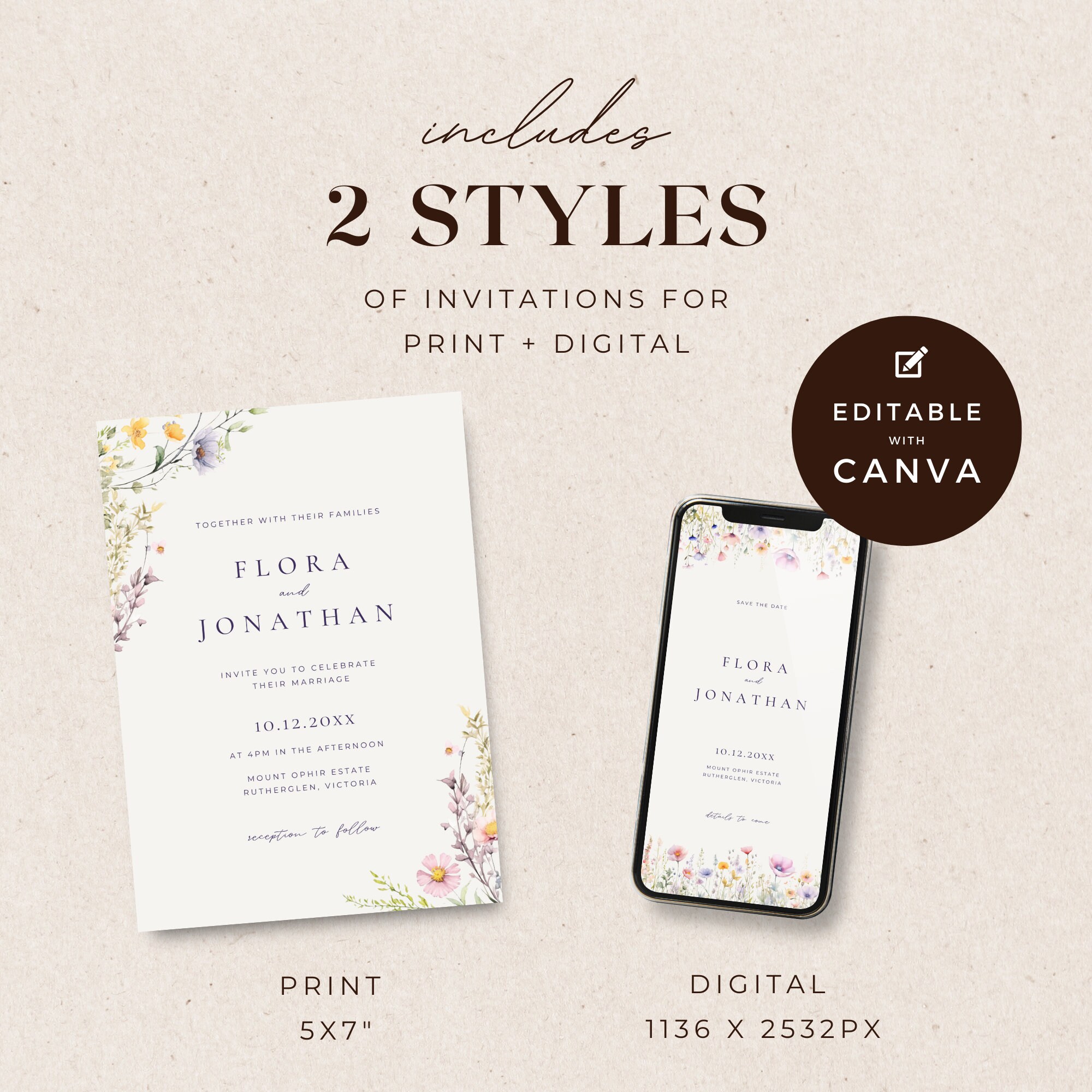 Wildflower Printable Wedding Invitation, Whimsical Wedding Invite Suite ...