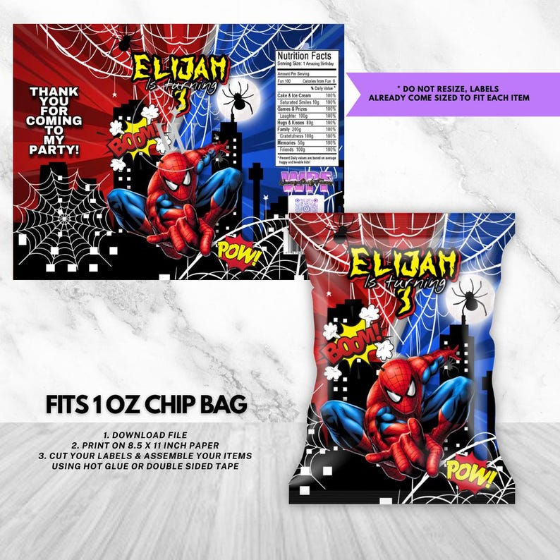 Superhero Spider Man Party Labels Chipbags, Caprisuns & Rice Krispie ...