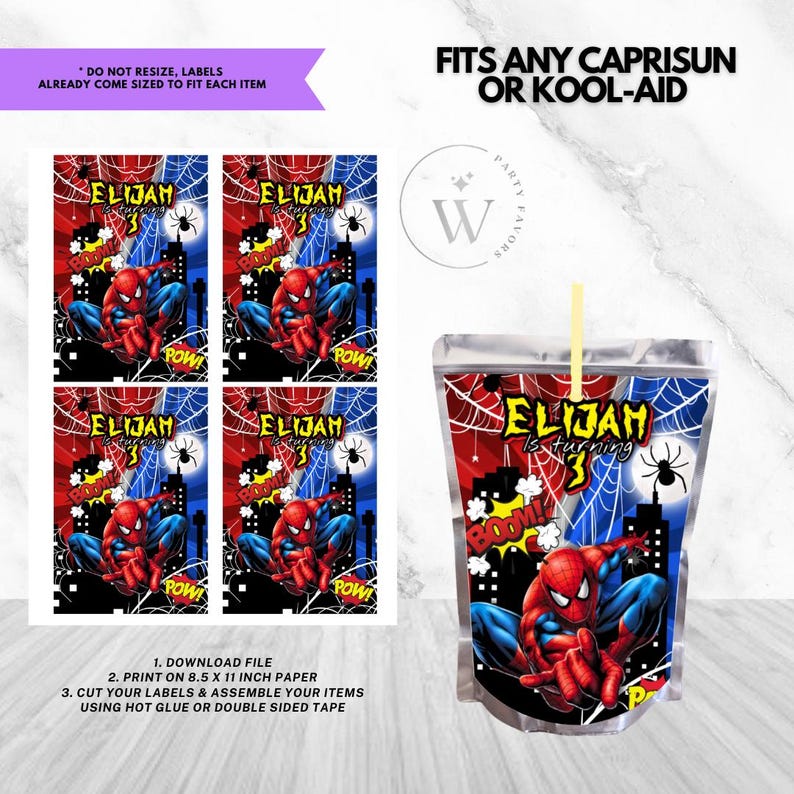Superhero Spider Man Party Labels Chipbags, Caprisuns & Rice Krispie ...