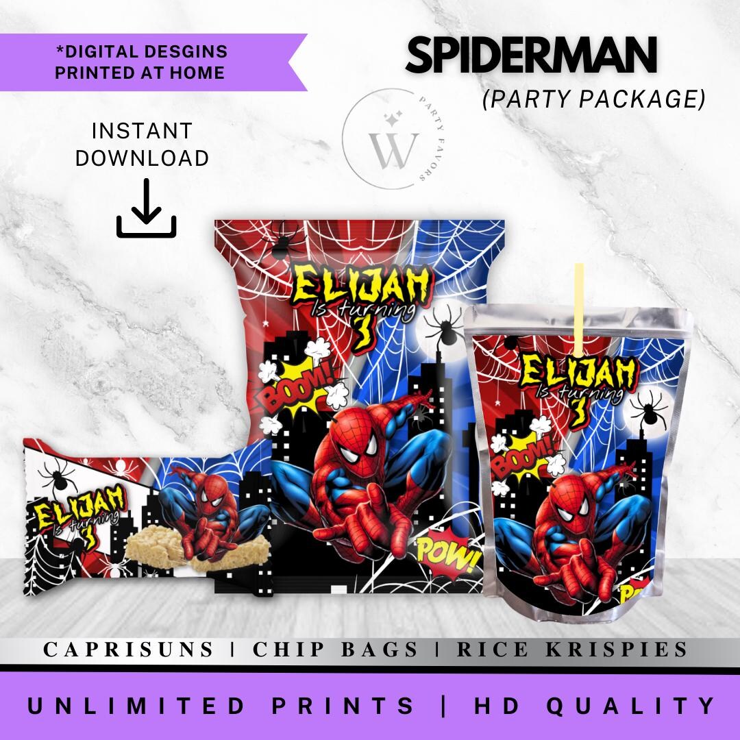 Superhero Spider Man Party Labels Chipbags, Caprisuns & Rice Krispie ...