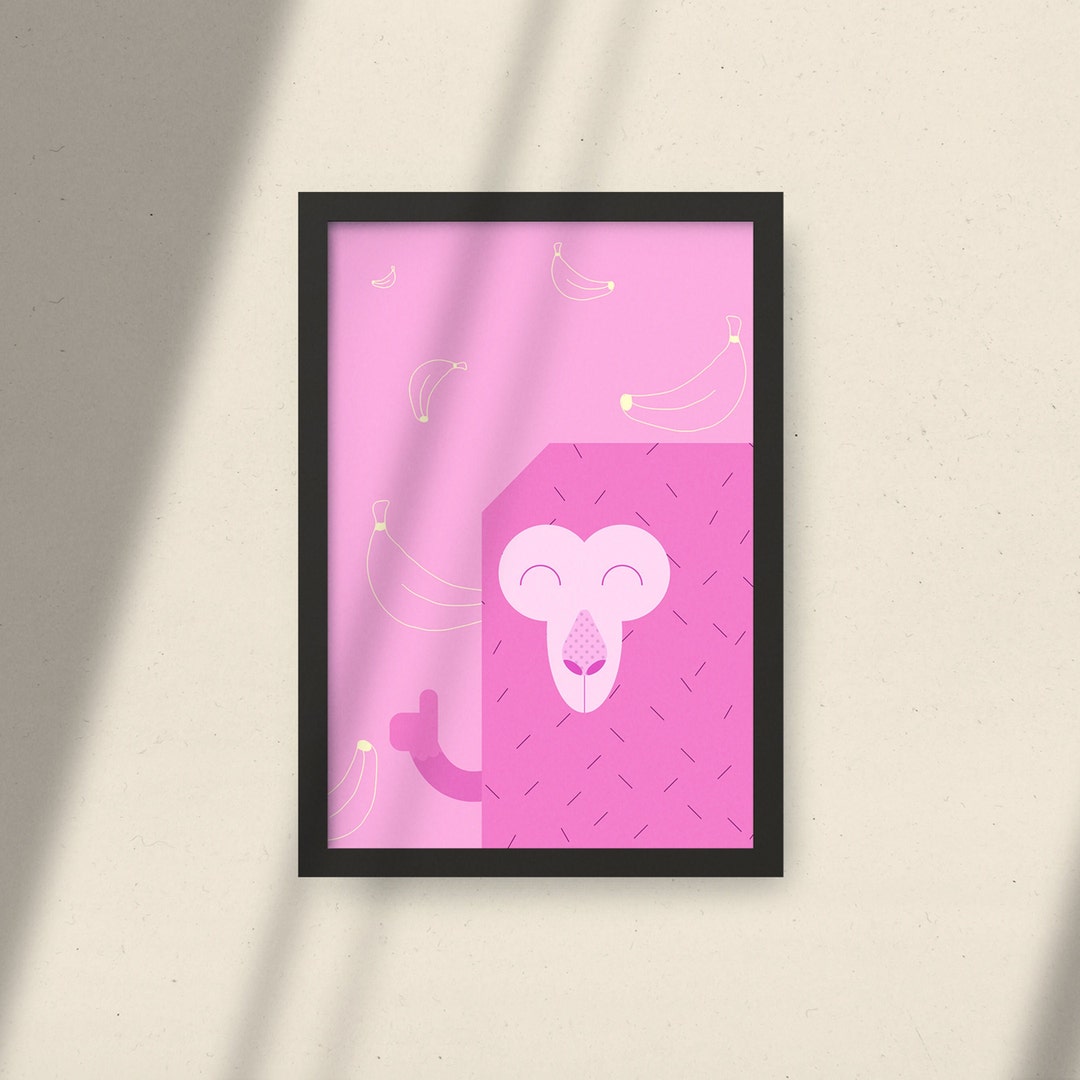 Pink Cute Monkey, Pastel Art Print, Gallery Wall Art, Colorful Poster ...