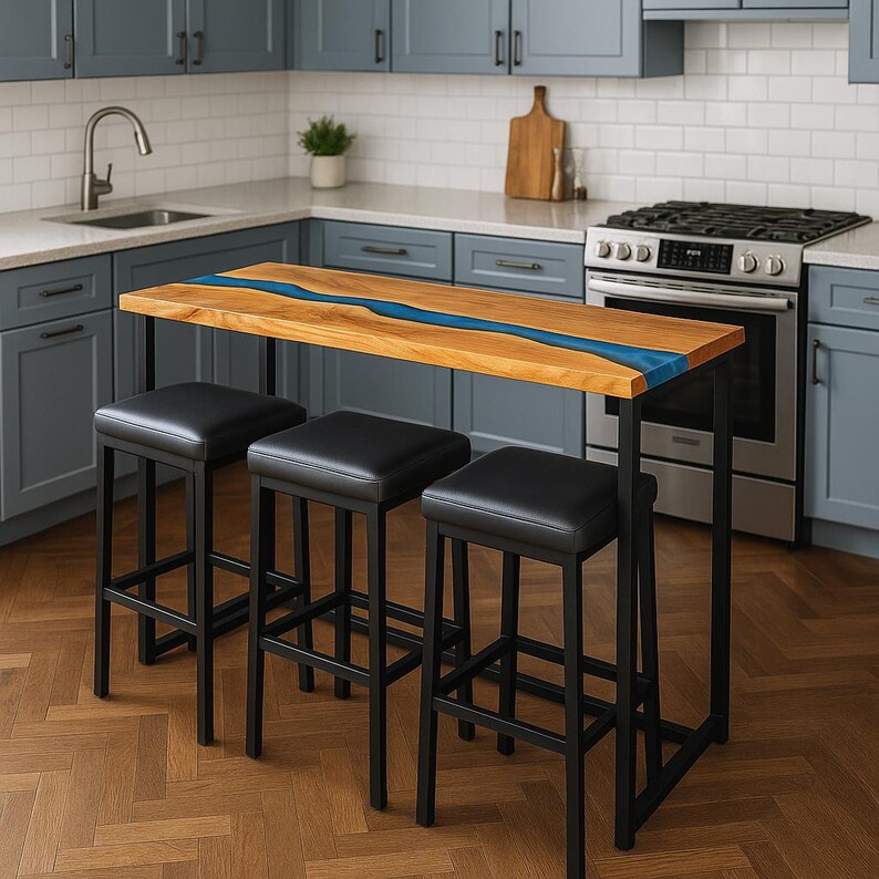 Live Edge Oak Breakfast Bar – Epoxy Counter Height Kitchen Table ...