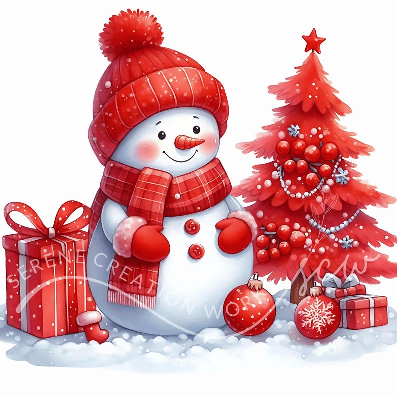 Watercolor Christmas Red Snowman Clipart 10 Watercolor JPG Christmas ...