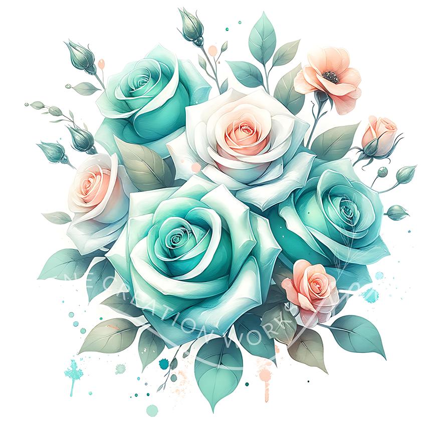 Teal Roses Clipart 10 Watercolor JPG Teal Roses Bouquet Clipart, Teal ...