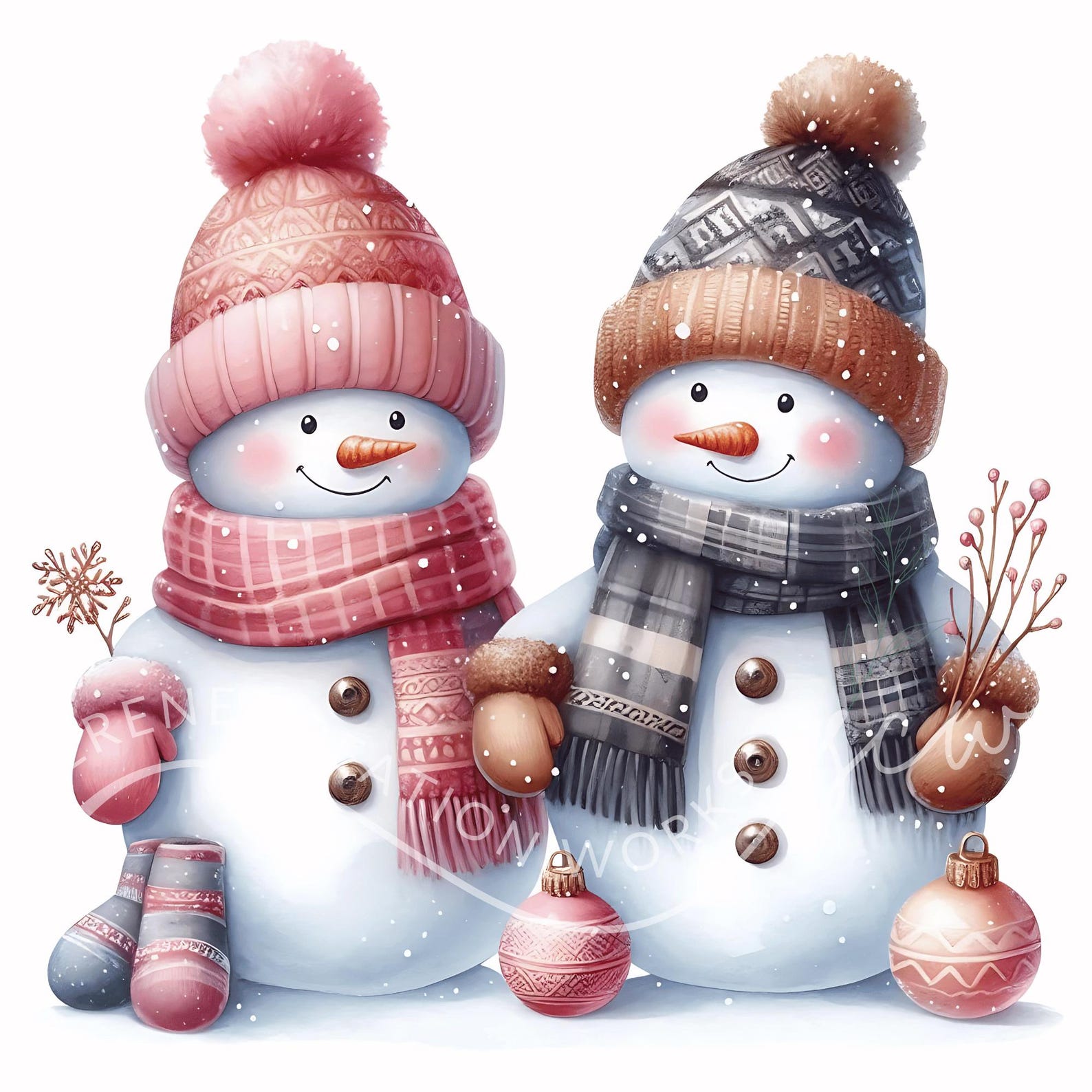 Watercolor Snowman Couple Clipart: Christmas Festive Graphics (digital ...