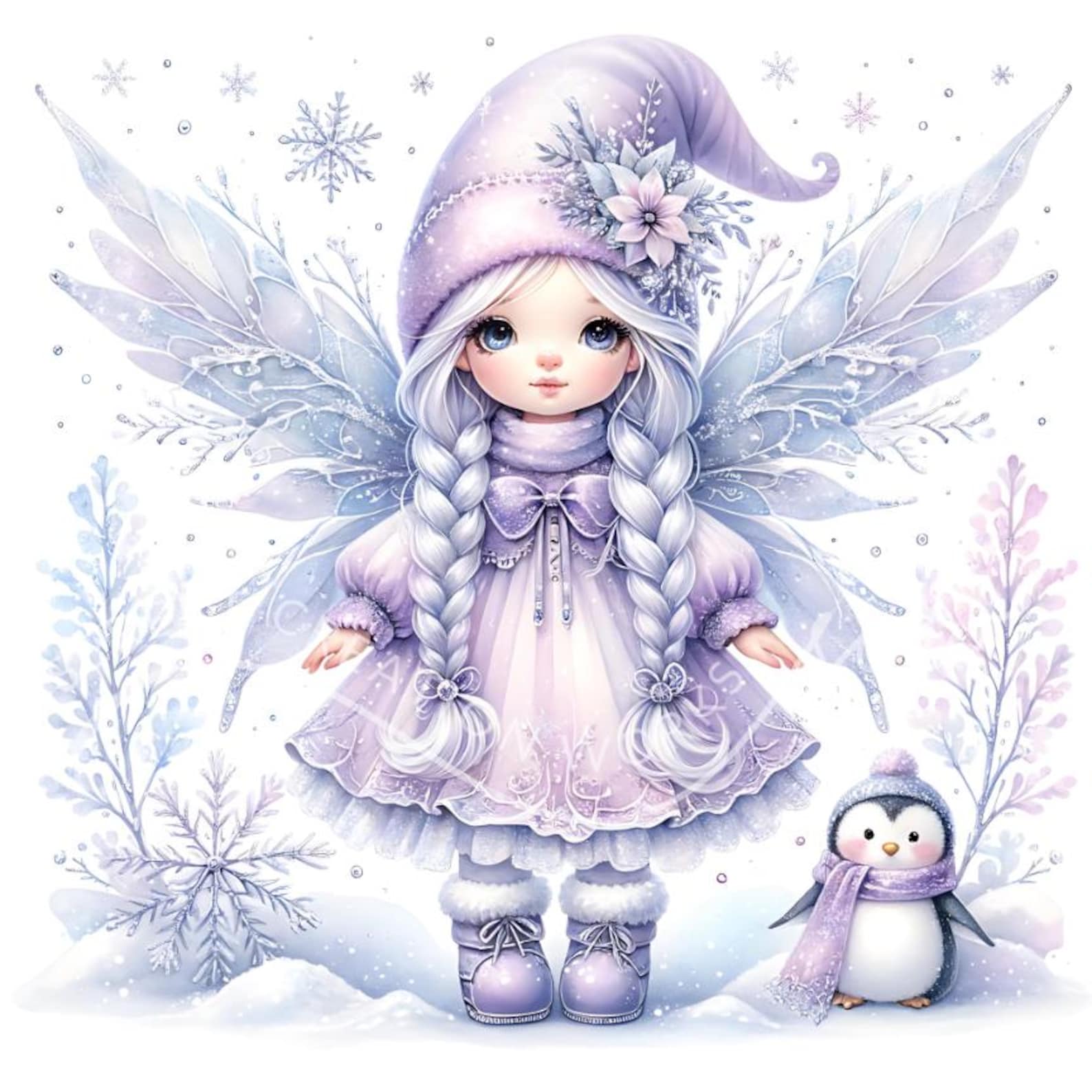 Winter Snowflake Fairy Gnomes Clipart 10 Watercolor JPG Purple Winter ...