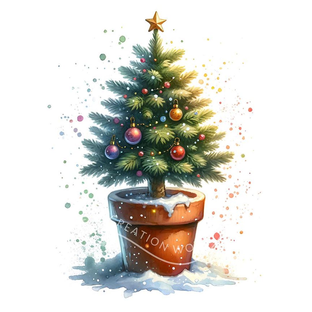 Potted Christmas Tree Clipart 10 Watercolor JPG Outdoor Christmas Tree ...