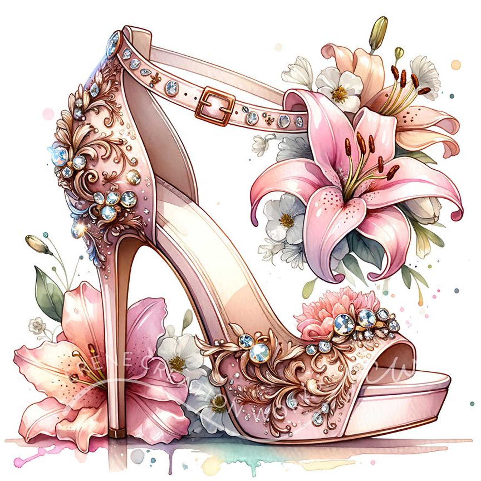 Pink Floral Prom Shoes Clipart 10 Watercolor JPG High Heel Clipart ...