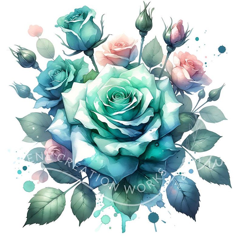 Teal Roses Clipart 10 Watercolor JPG Teal Roses Bouquet Clipart, Teal ...