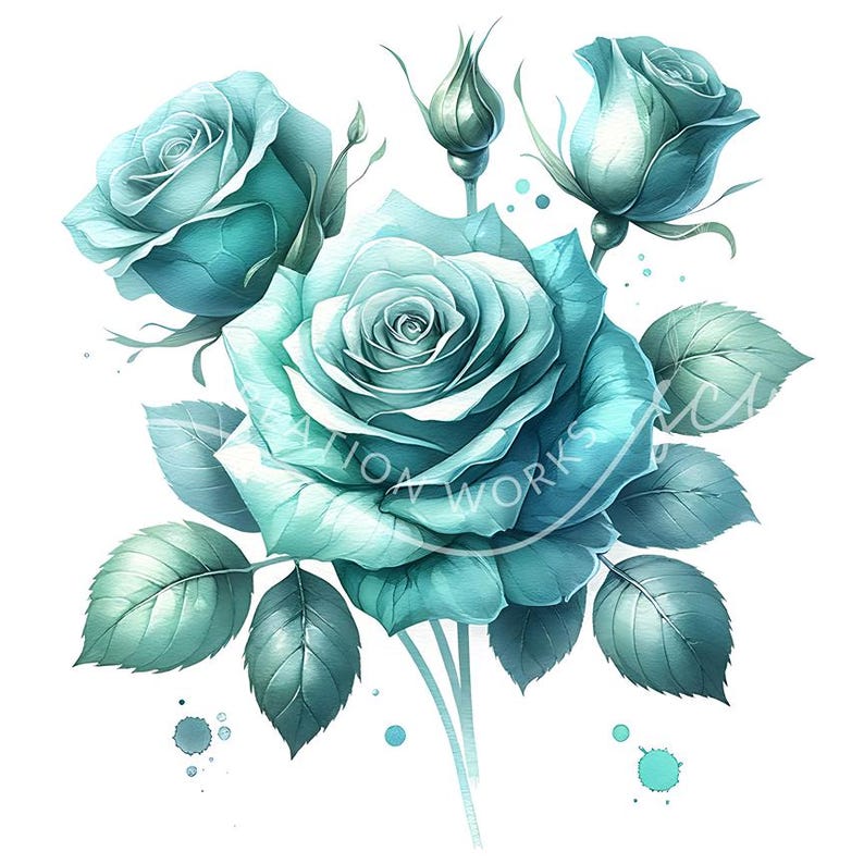 Teal Roses Clipart 10 Watercolor JPG Teal Roses Bouquet Clipart, Teal ...