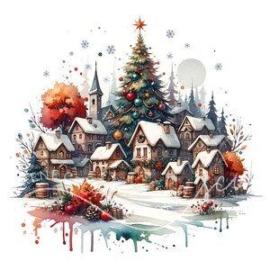 Christmas Village Clipart 10 Watercolor JPG Cozy Winter Town, Whimsical ...