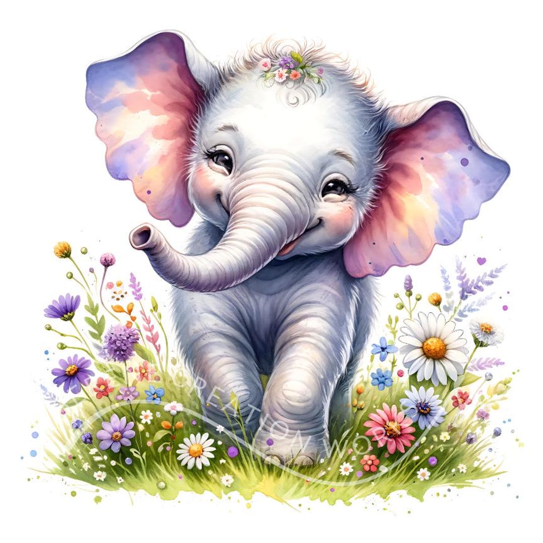 Baby Elephant Clipart: Boho Watercolor Safari Animals (digital Print ...