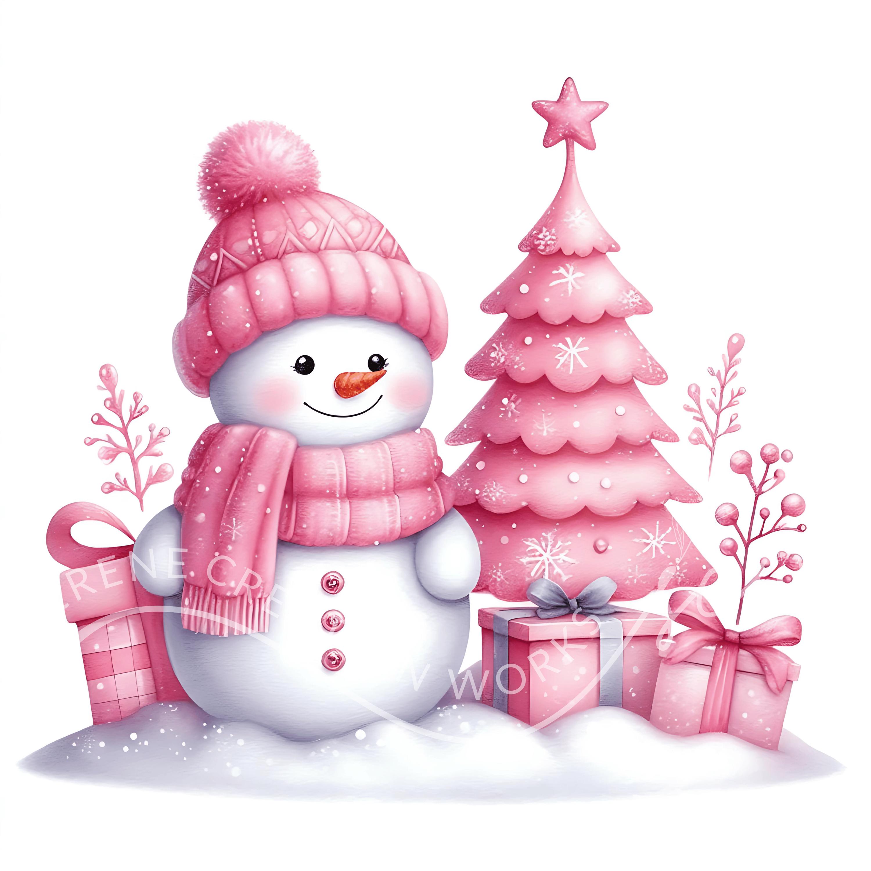 Watercolor Pink Christmas Snowman Clipart 10 Watercolor JPG Girly ...