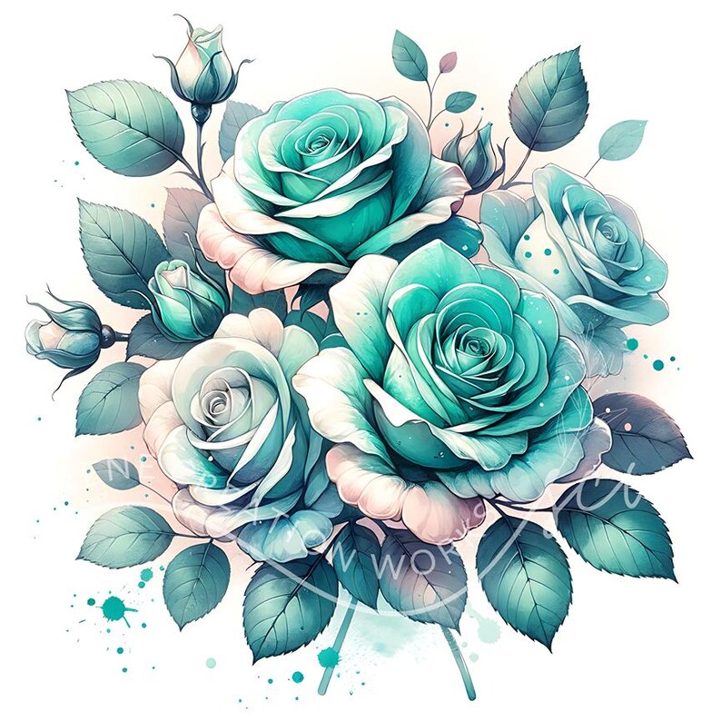 Teal Roses Clipart 10 Watercolor JPG Teal Roses Bouquet Clipart, Teal ...