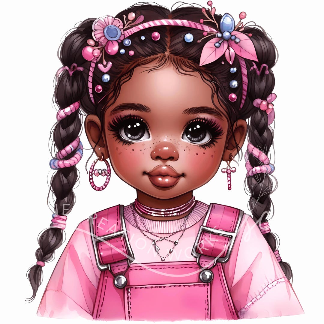 Watercolor Chibi Girl Clipart: Pink Denim Afro Girl Graphics (JPG ...
